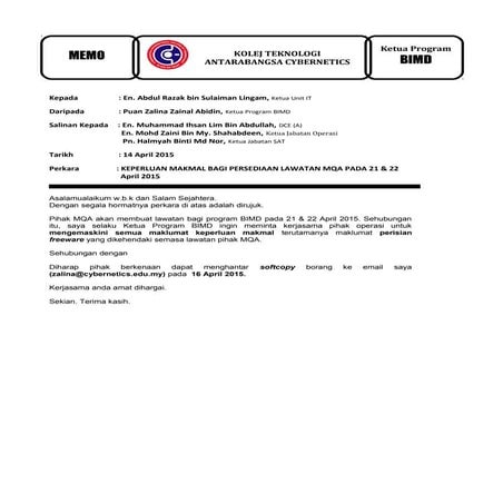 Memo mqa operasi-makmal-bimd | DOC