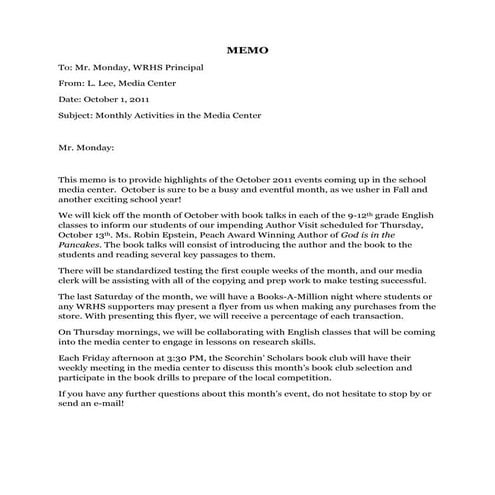 Memo to the Principal: October 2011 Events | DOCX