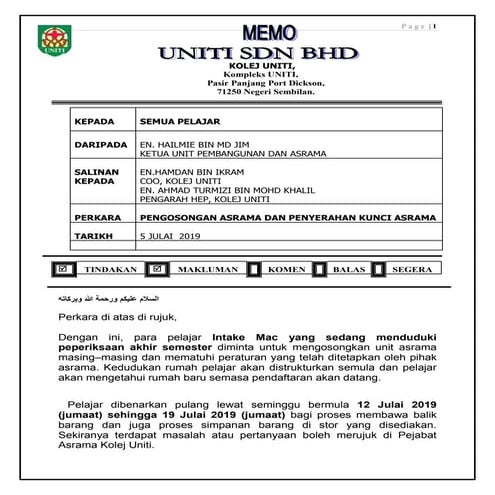 Memo Pengosongan Asrama UNITI Village | PDF