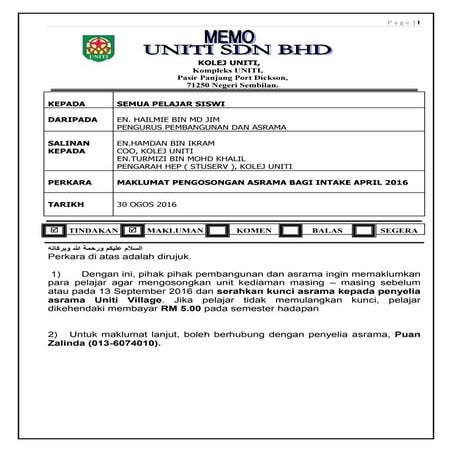 Memo Pengosongan Asrama bagi 2013 | PDF