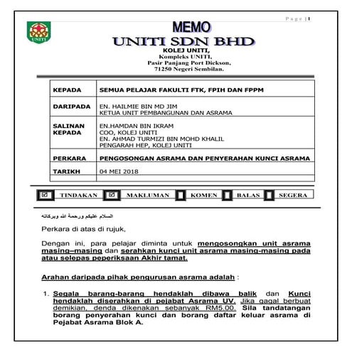 Memo Pengosongan Asrama dan Penyerahan Kunci Asrama | PDF