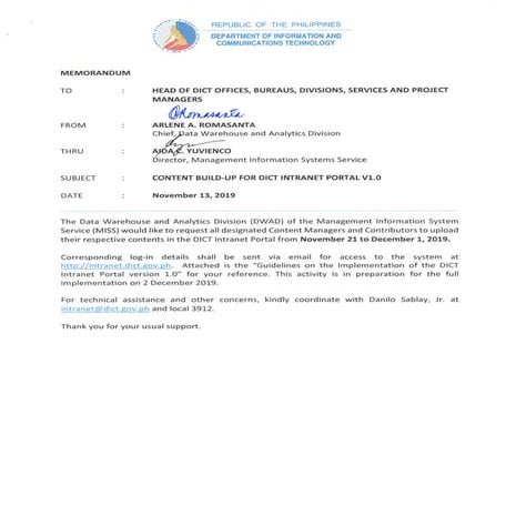MEMORANDUM FROM THE CHIEF DATA WAREHOUSE AND ANALYTICS DIVISION ...