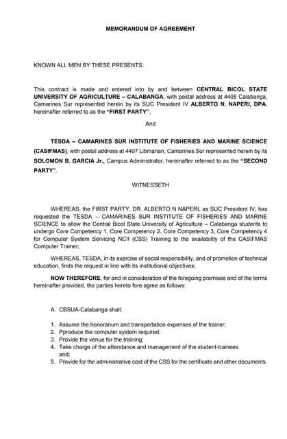 Revised By General Counsel Memorandum Of Agreement Between University ...