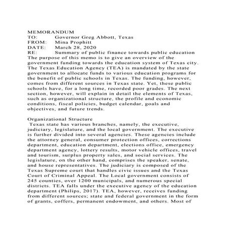 MEMORANDUMTO Governor Greg Abbott, TexasFROM Mina Prophit.docx