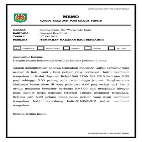 Memo Makluman Tempahan Makanan Sahur | PDF