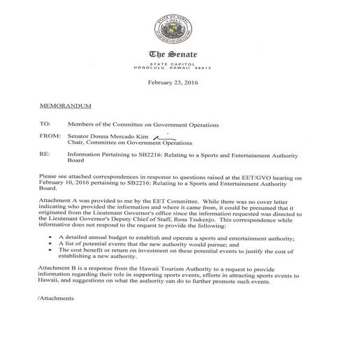 Memo From Sen. Kim To Her Committee Members | PDF