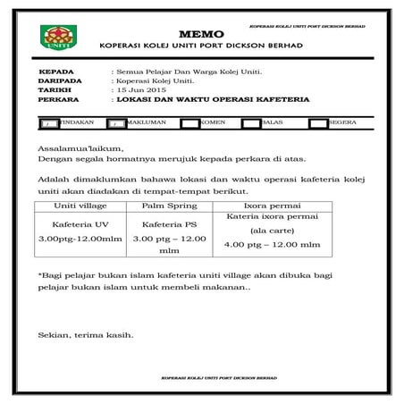 Memo Waktu Operasi Kafeteria Kolej UNITI | DOC