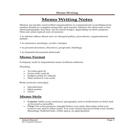 Memo writing notes by Sohail Ahmed Solangi | PDF