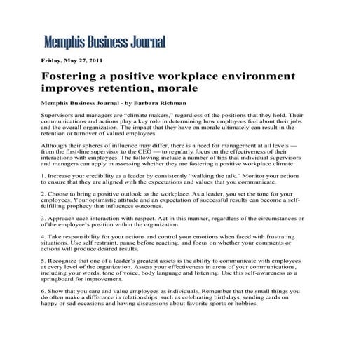 Memphis Business Journal.Fostering A Positive Workplace Environment ...