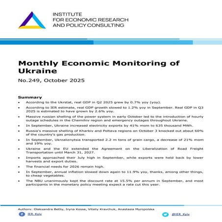 Monthly Economic Monitoring of Ukraine: GDP Growth, Energy, and ...
