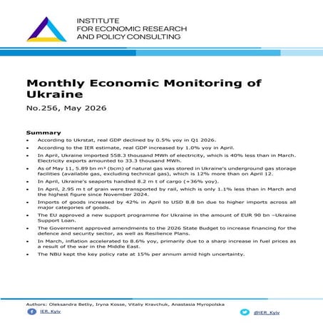 Monthly Economic Monitoring of Ukraine: GDP Growth, Energy, and ...