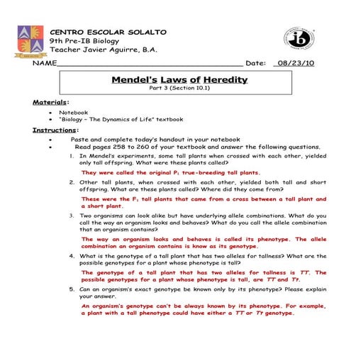 Mendel's laws of heredity part 3 (pp.258-259)-answer key | DOC