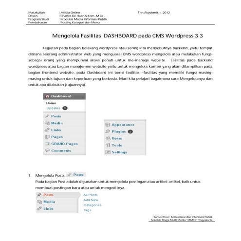 Mengelola fasilitas dashboard pada cms wordpress 3 posting,kategori | PDF