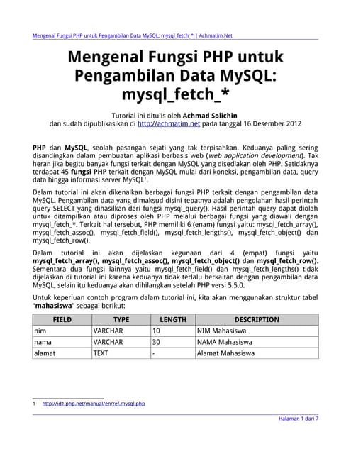 Mengenal fungsi php untuk pengambilan data my sql: mysql fetch | PDF Mengenal fungsi php untuk pengambilan data my sql: mysql fetch | PDF