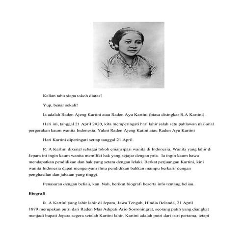 Mengenang Raden Ayu Kartini, Salah Satu Pelopor Emansipasi Kaum Wanita Indonesia | PDF