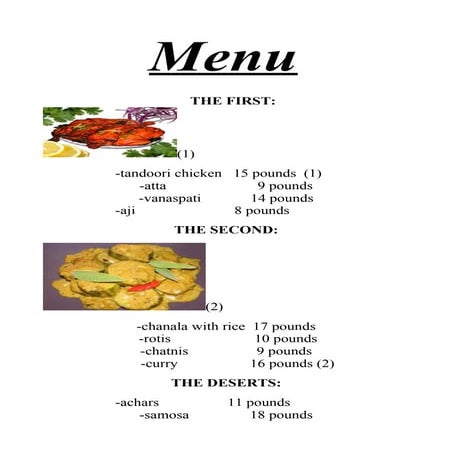 Indian menu | ODT | Bars & Restaurants | Attractions