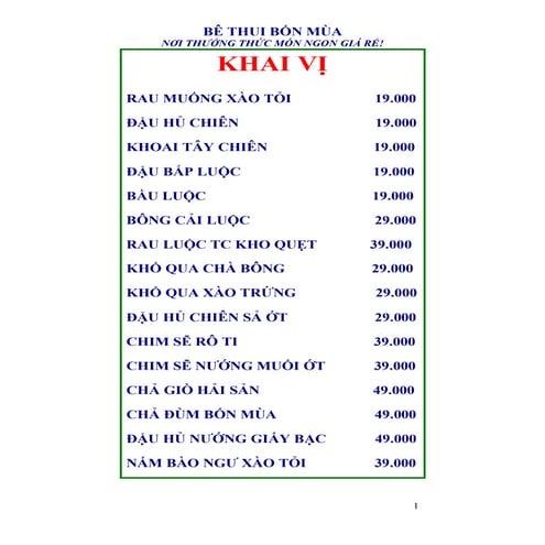 Menu Bê thui bốn mùa | PDF