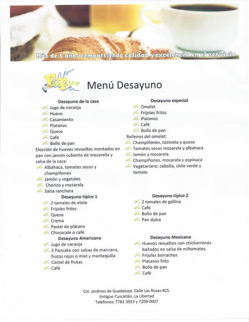 Spanish Desayuno Menu