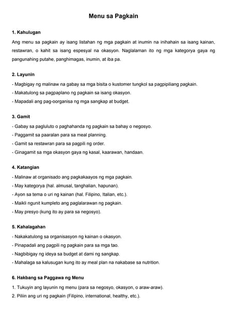 ARALIN SA PILING LARANG TEKBOK MENU ng PAGKAIN | PPTX