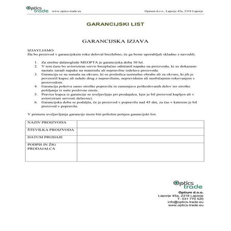 Meopta garancija spektivi | Optics Trade | PDF