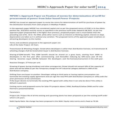 Merc approach paper for determination of soalr tariff 2014 | PDF