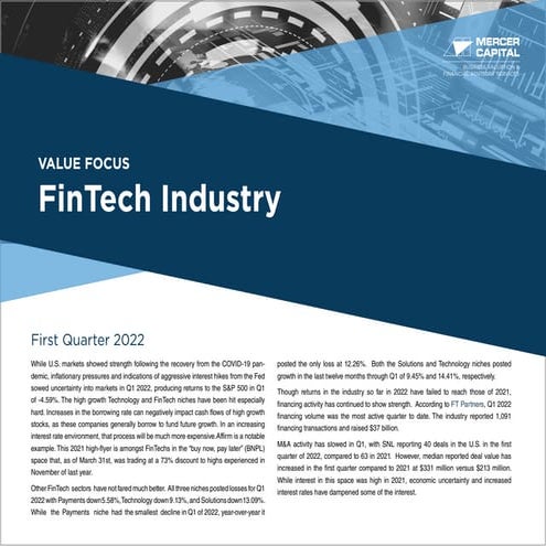 Mercer Capital's Value Focus: FinTech Industry | First Quarter 2022 | PPT