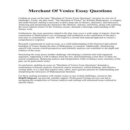 Merchant Of Venice Essay Questions | PDF