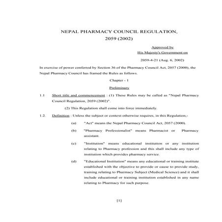 NEPAL PHARMACY COUNCIL REGULATION, 2059 (2002) | PDF