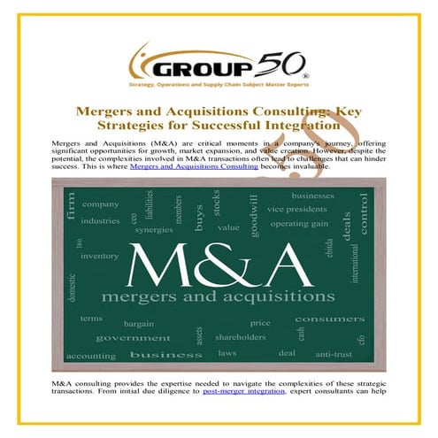 Mergers and Acquisitions Consulting: Key Strategies for Successful Integration | PDF