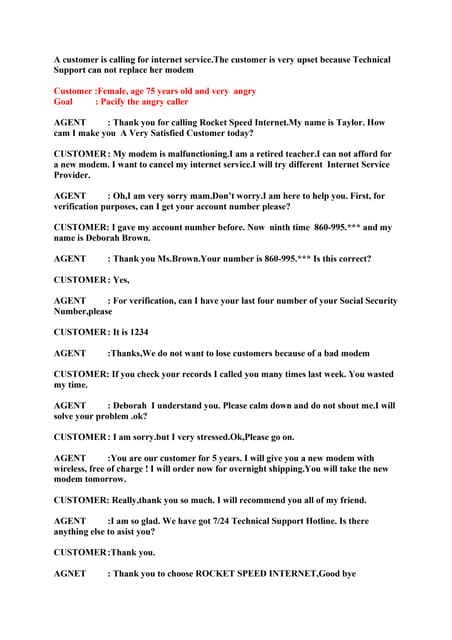 Call center mock calls script sample | DOCX