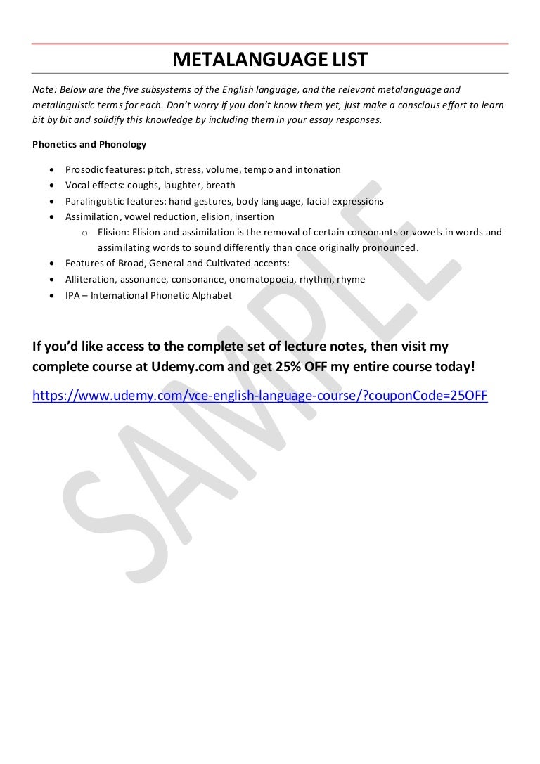 VCE English Language - Metalanguage List