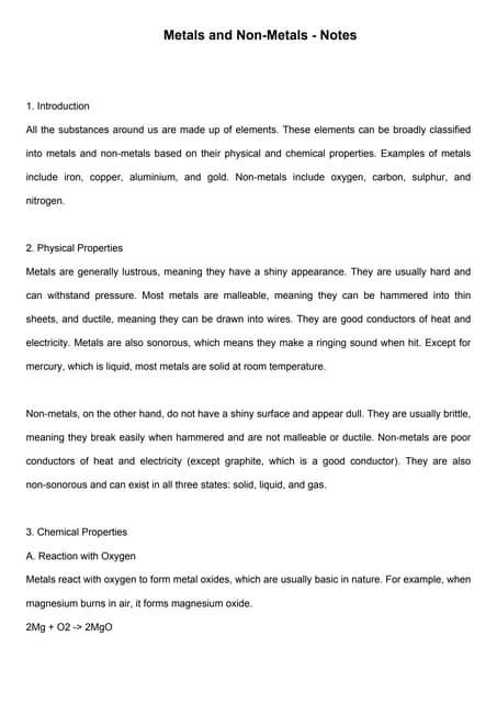 CBSE - Grade 8 - Science - Chemistry - Metals and Non Metals - Worksheet | PDF