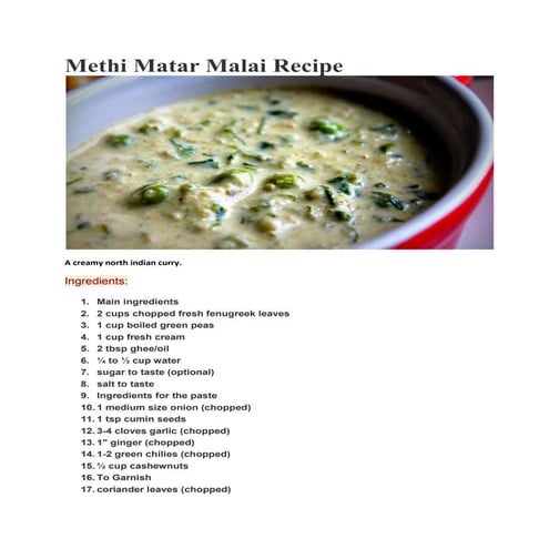 Methi matar malai recipe | PDF | Cooking | Food & Drink