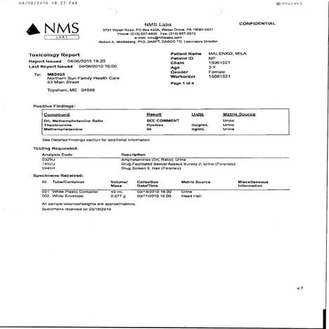Meth lab result 56ng of meth in mila's urine nms lab april 2010 | PDF