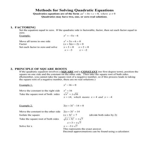 Methods for solving quadratic equations | PDF