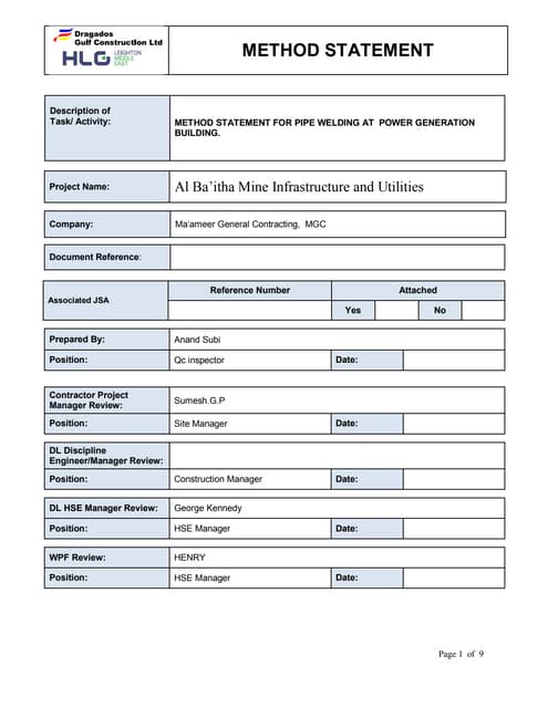 Method statement piping works | DOCX