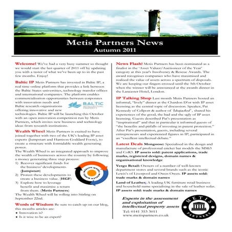 Metis Partners - Newsletter Autumn 2011 | PDF | Business | Business and ...