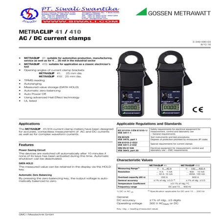 Data Teknis Gossen Metrawatt Clamp Meter Metraclip 41, 410 | PDF