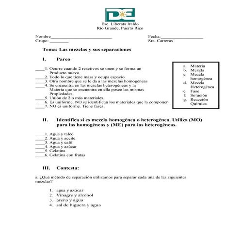 Hoja De Trabajo De Mezclas Y Soluciones, Quinto Grado Ficha De