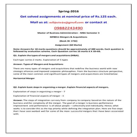 Mf0011 mergers & acquisitions | DOCX | Mergers and Acquisitions | Business Banking & Finance