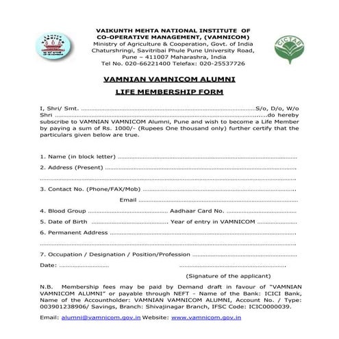 Life Membership Form for Alumni of VAMNICOM | PDF