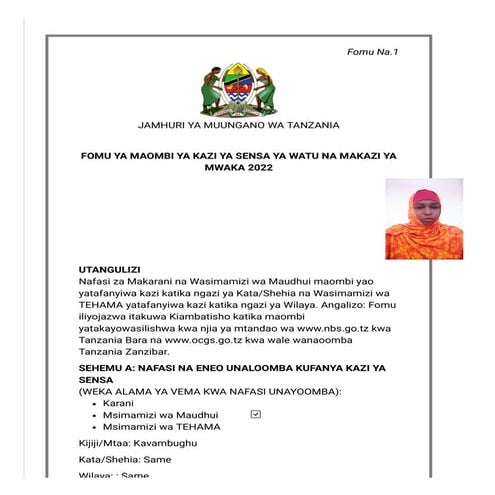 MFUMO WA MAOMBI YA KAZI ZA UKARANI NA USIMAMIZI WA SENSA _ Fomu Na. 1 ...