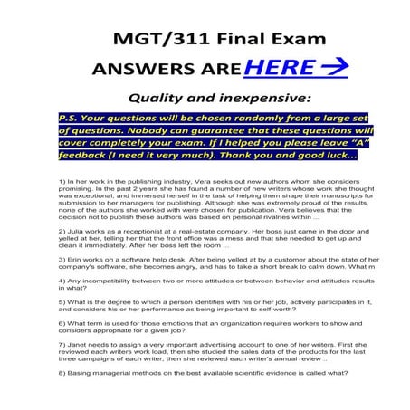 Mgt 311 final exam mcq`s correct answers 100% | PDF