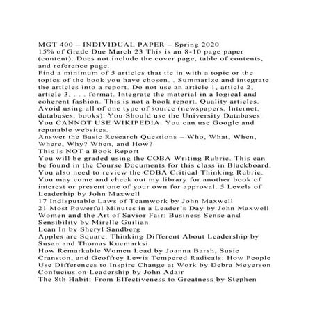 MGT 400 – INDIVIDUAL PAPER – Spring 202015 of Grade Due March 2.docx