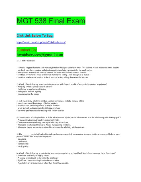 Mgt 538 final exam new | PDF