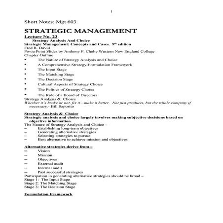 Strategic short notes | DOC | Business Accounting & Finance | Business