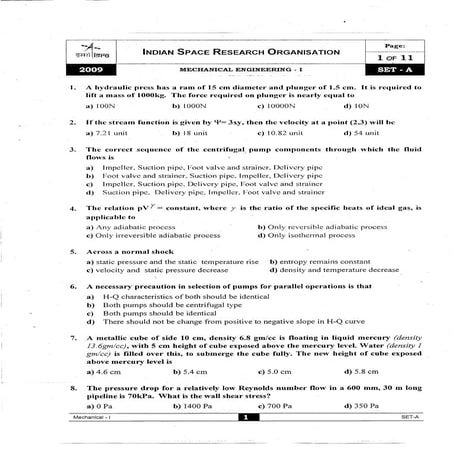 ISRO Scientist Mechanical engg 2009 question paper by Career11.com