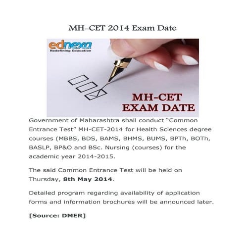 MH-CET 2014 Exam Date | PDF | Medical Tests | Medical Health