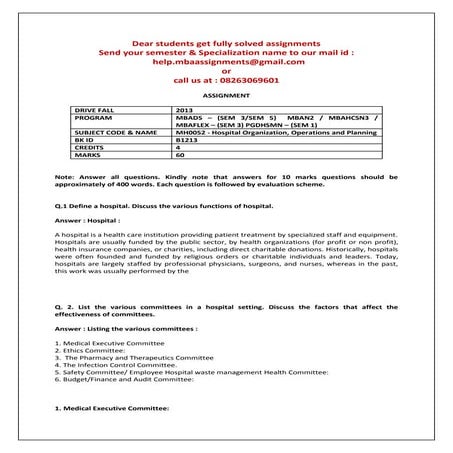 Mh0052 hospital organization, operations and planning | PDF