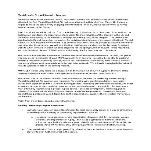 MHFA Summit Summary | PDF